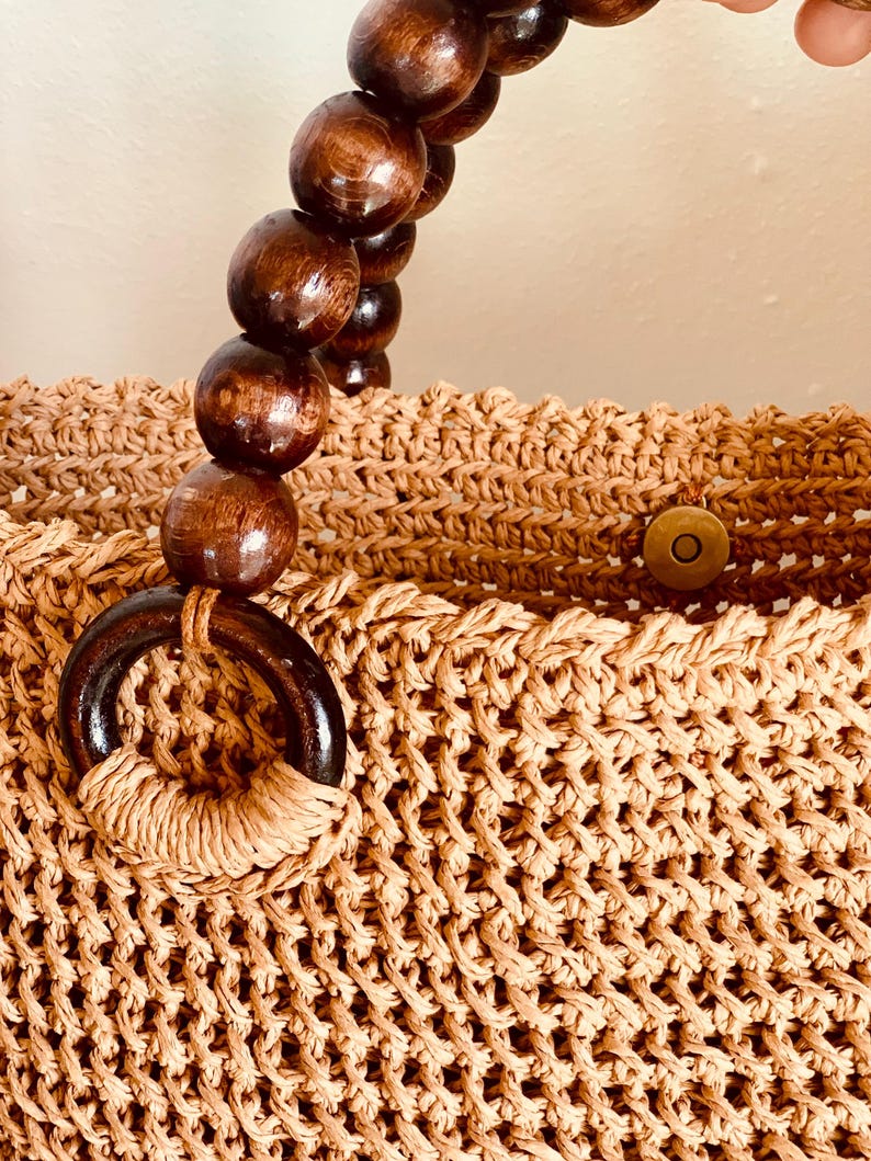 Beige Paper Yarn Tote Bag With Beaded Wooden Handles - Etsy