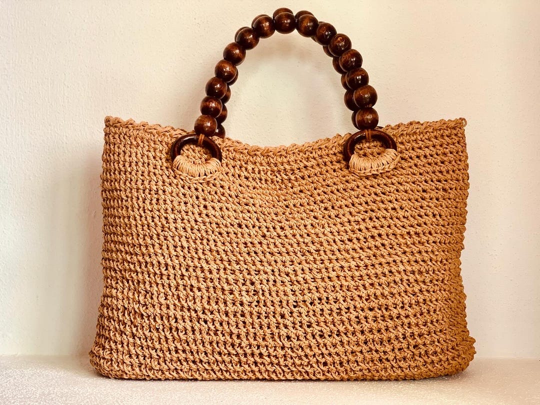 Beige Paper Yarn Tote Bag With Beaded Wooden Handles - Etsy