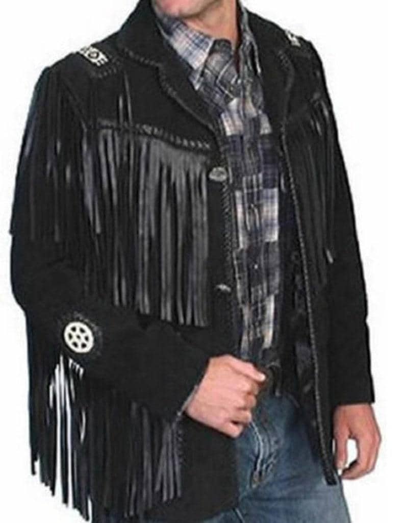 Men's Western Cowboy Coat Suede Leather Jacket With Fringes- Black - Etsy