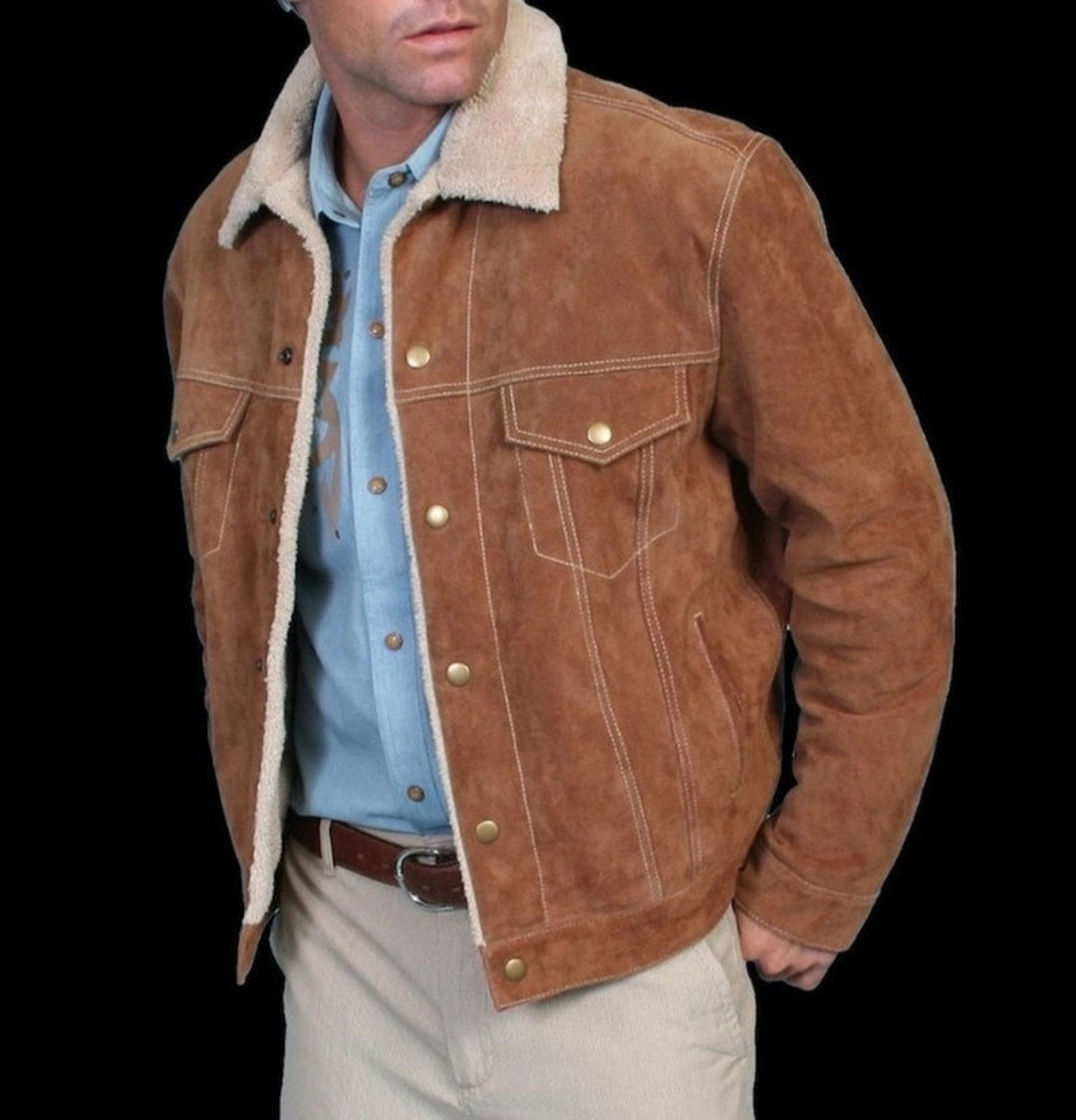 Men Traditional Western Jacket Men Western Fur Jean Jacket - Aztec Trim ...