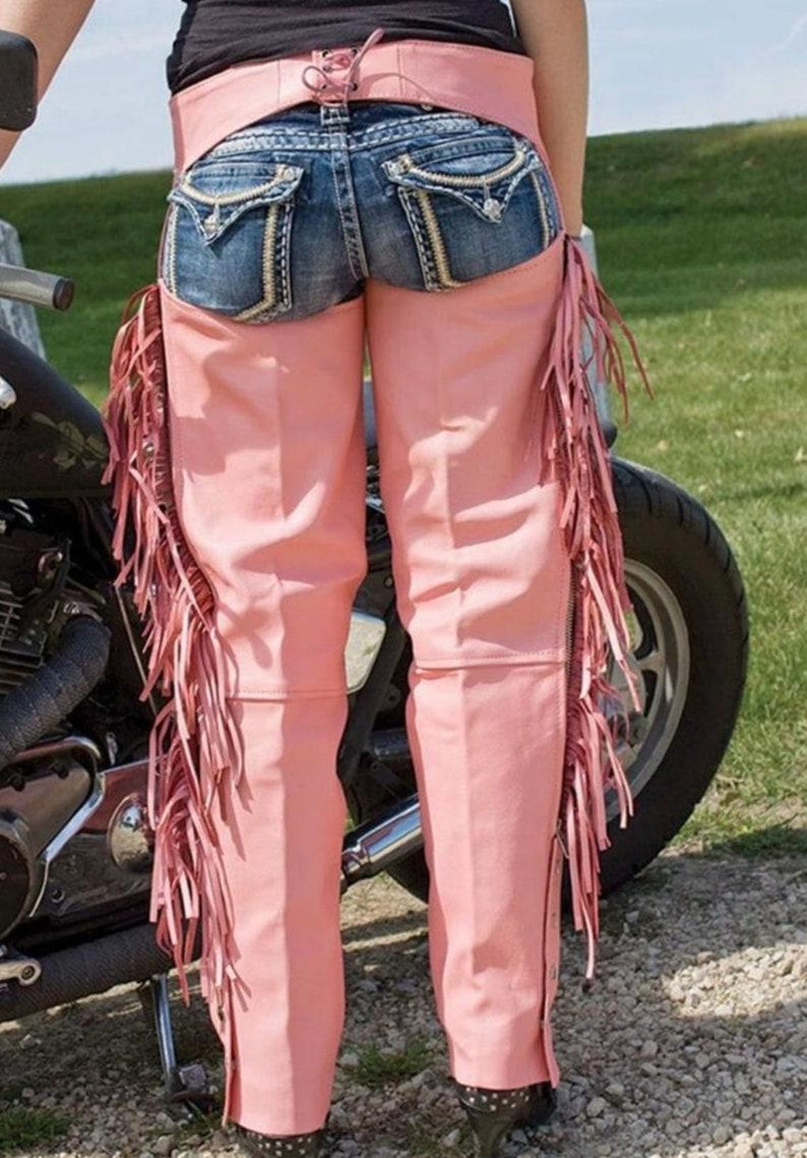 Handmade Leather Biker Fringes Style Pant Chap Western Motorbike Rider ...