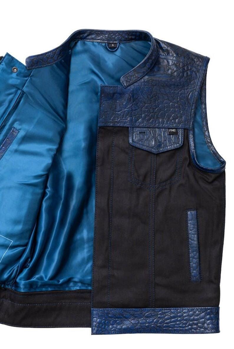Leather Vest, Crocodile Plated Leather Blue Wax Motorcycle Men's Vest ...