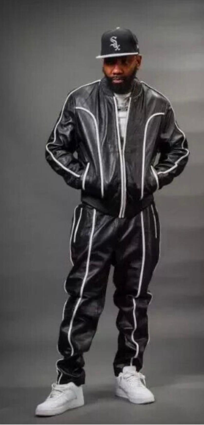 Men's Brayden PU Leather Track Suit Sweatsuit Style Streetwear Piped ...