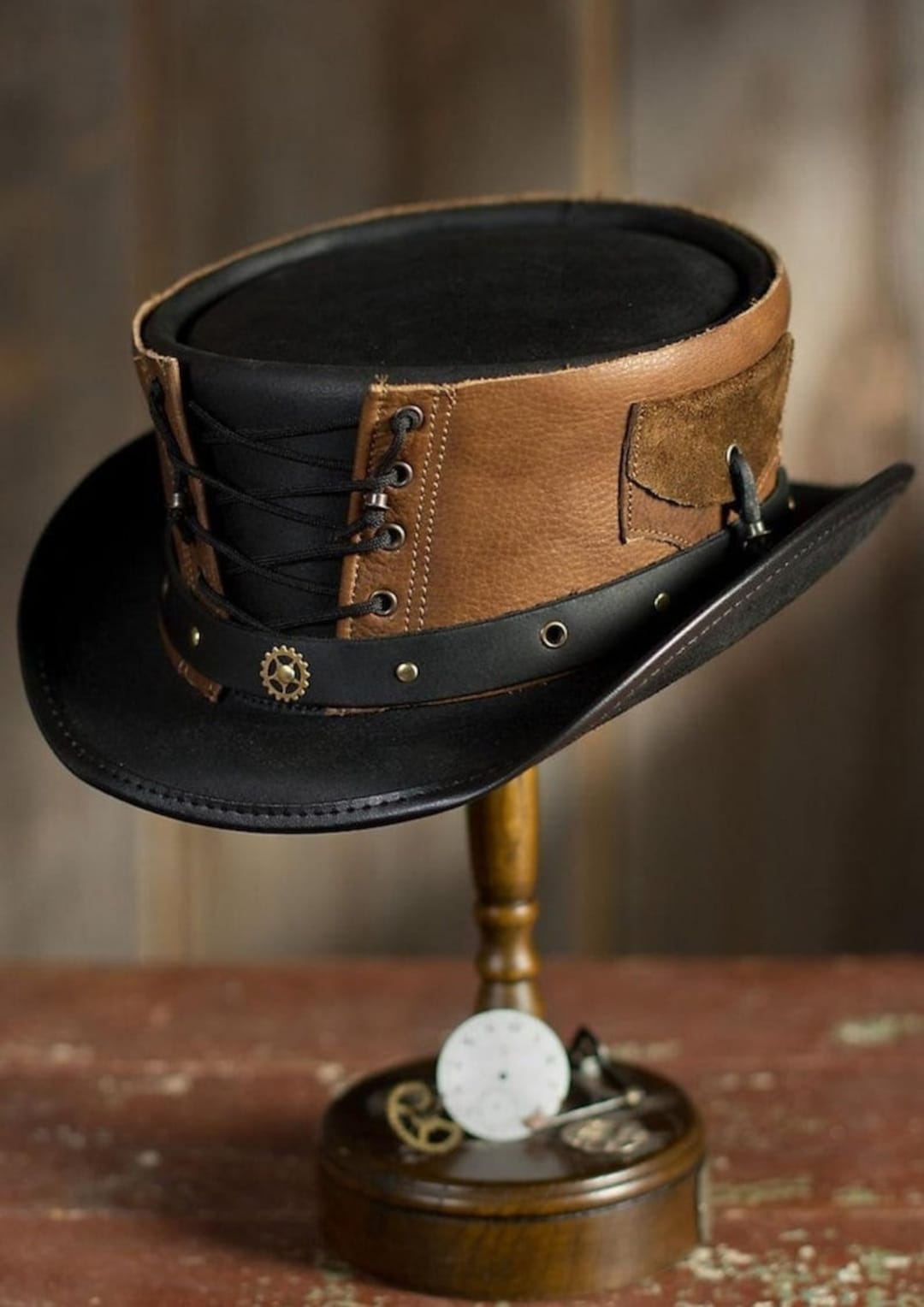Handcrafted Leather Steampunk Top Hat: Black & Brown Corset Style - Etsy