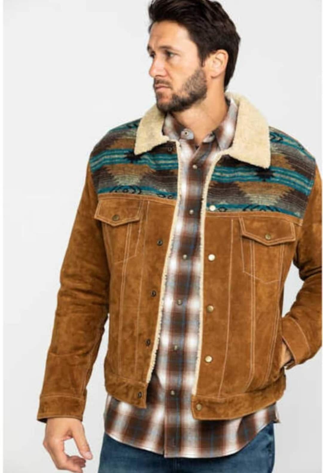 Traditional Men Western Jacket Men Western Fur Jean Jacket - Aztec Trim ...
