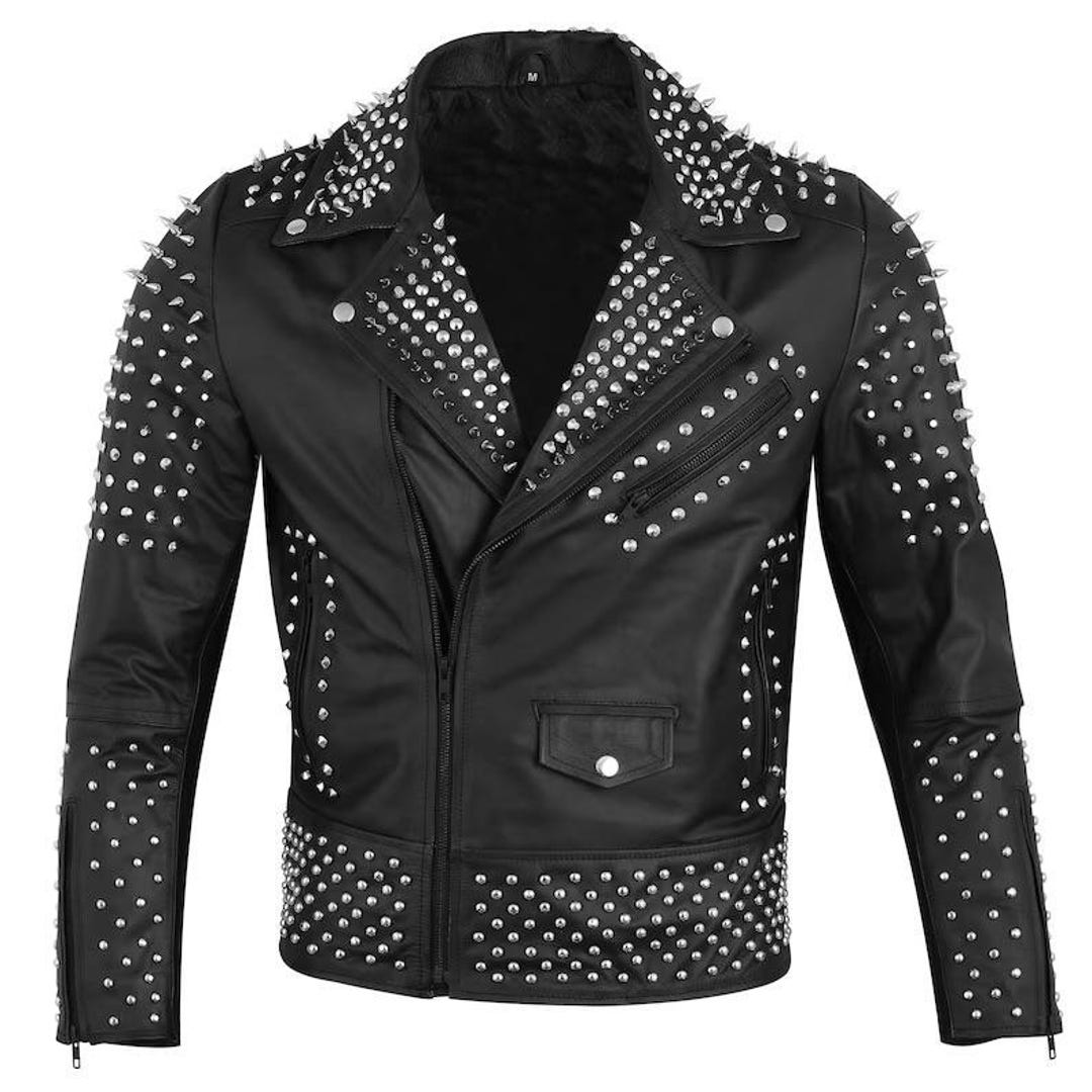 Men Silver Handmade Studded Spikes Jacket Punk Style Cowhide Leather ...