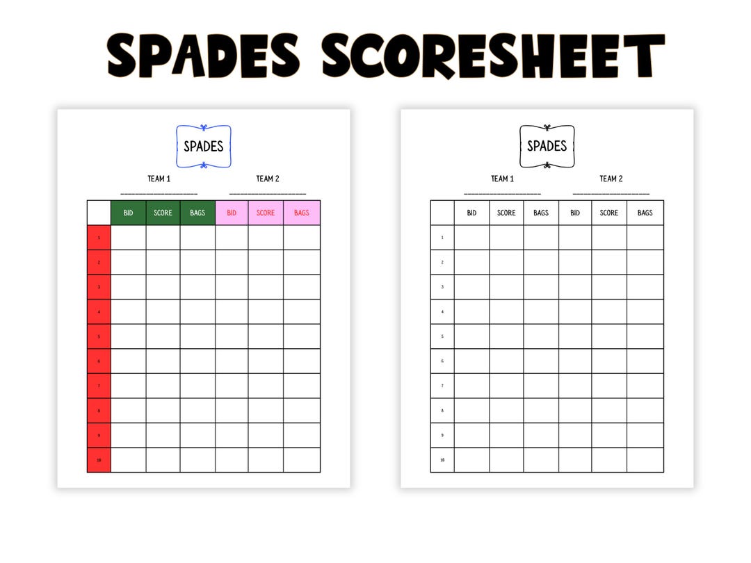 Spades Card Game Scoresheet Printable PDF - Etsy