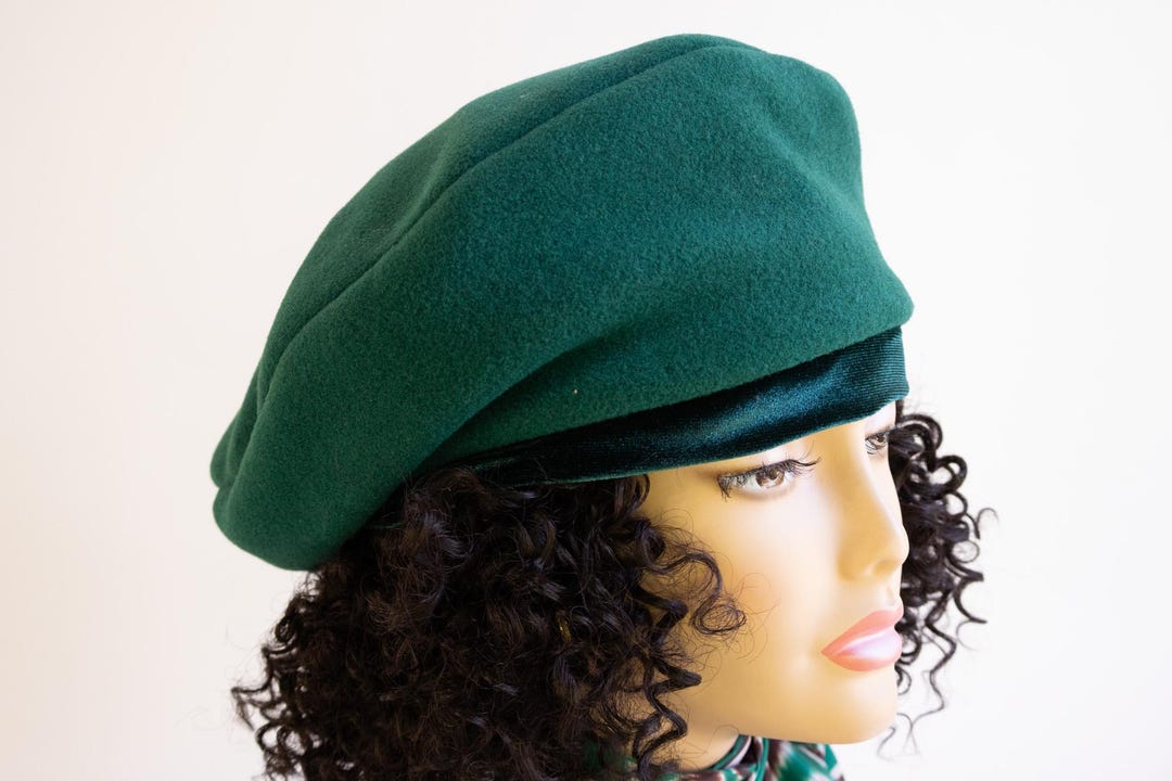 Oversized Fleece Beret: Hunter Green Velvet Band, Adjustable Slouchy ...