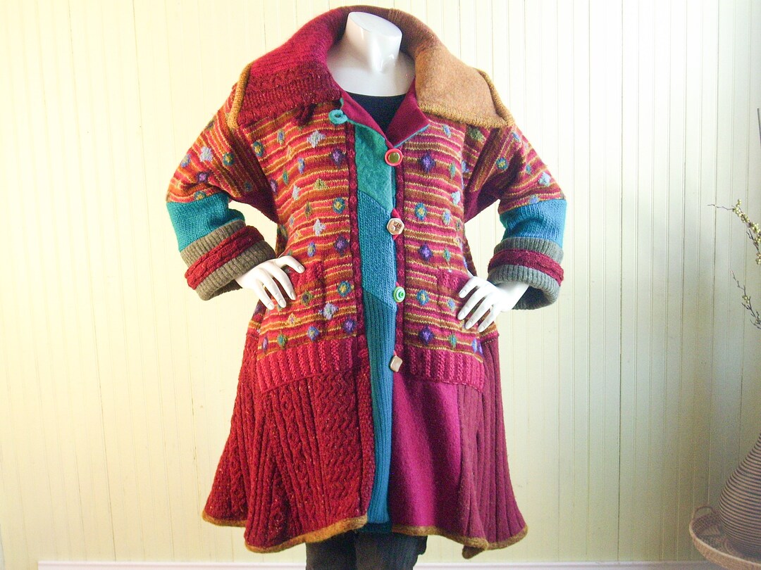 Upcycled Wool Sweater Coat: Handmade One-of-a-kind Burgundy Gold XL - Etsy