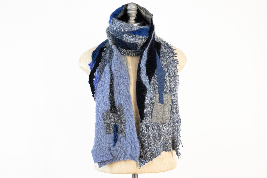 Patchwork Knit Scarf, Long Wool Collage Scarf, Upcycled Handmade One of ...
