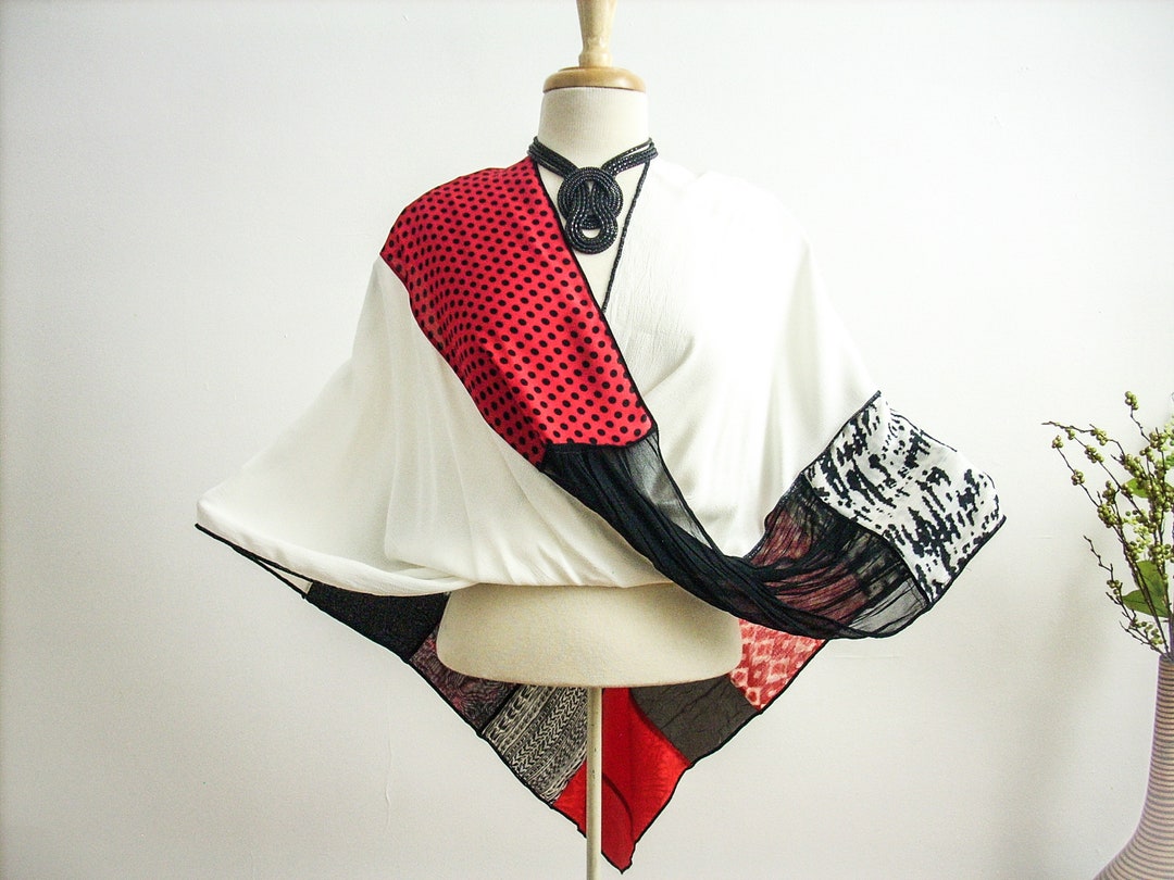 Upcycled Patchwork Mobius Shawl: Red Black White Silky Wrap - Etsy