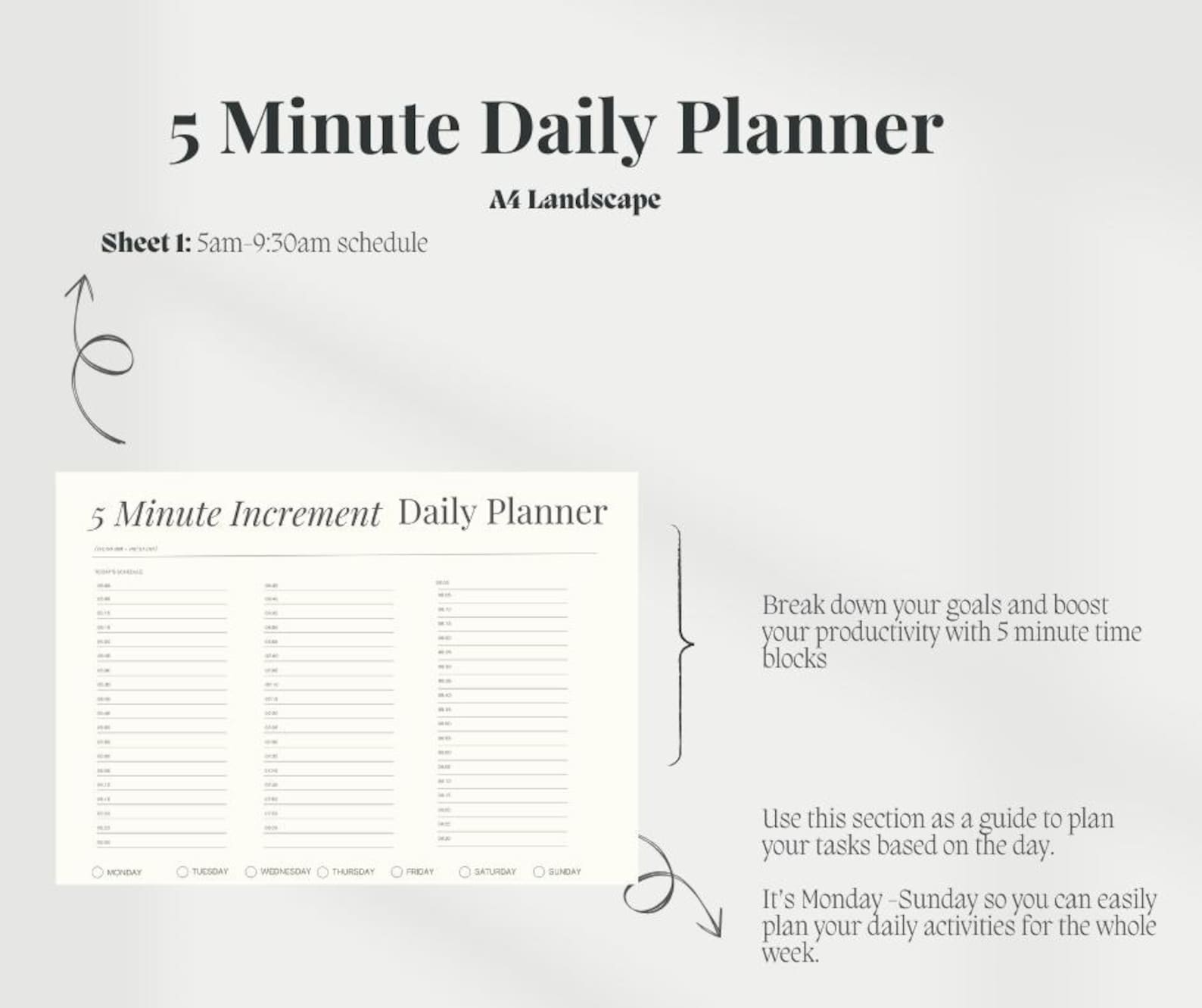 5 Minute Increment Daily Planner for Time Blocking, Productivity, to Do ...