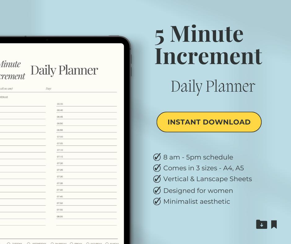 5 Minute Increment Daily Planner for Time Blocking, Productivity, to Do ...