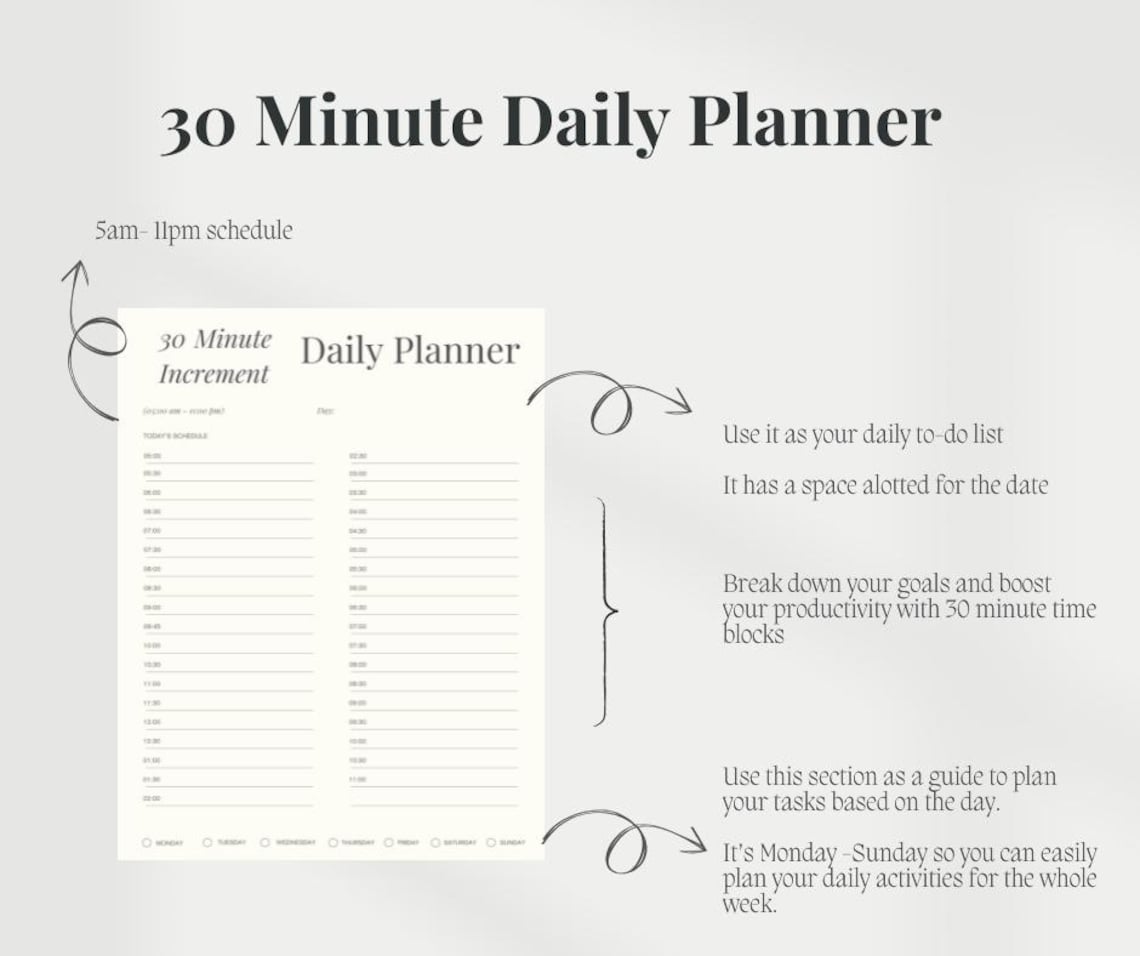 30 Minute Increment Daily Planner A4, A5 Instant Download Worksheet PDF ...