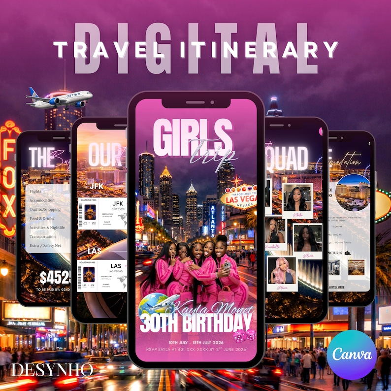 Girls Trip Itinerary Template, Editable Canva Travel Planner, Birthday ...