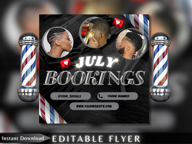 DIY Canva Flyer, Barber Flyer, July Barber Bookings, Barber Hairstylist ...