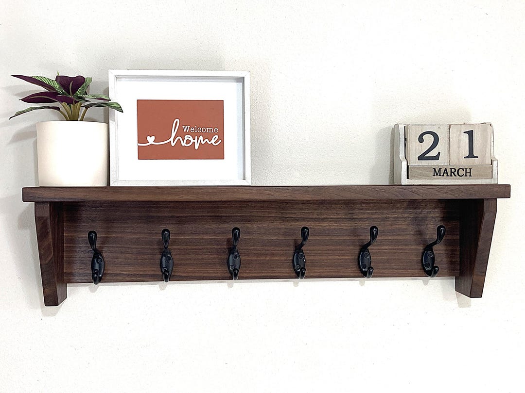 Wood Coat Rack, Walnut, Wall Mounted Coat Rack Shelf, Wall Coat Hanger ...