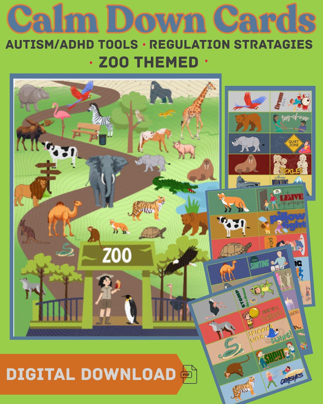 Calm Down Cards - Zoo Animal Theme | Regulation Tools for Autism, ADD ...