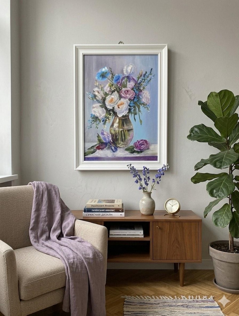 Floral Still Life Oil Painting, White Roses, Irises, Textured Wall Art ...