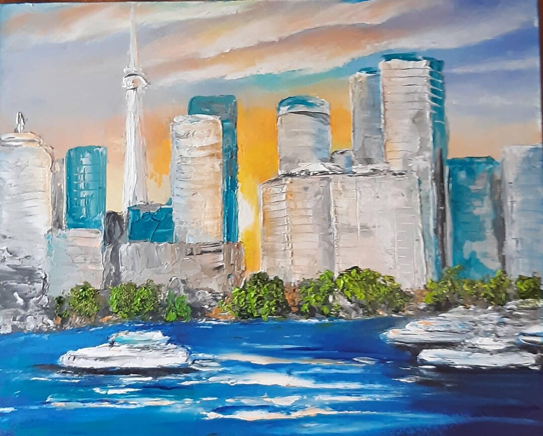 Toronto Oil Painting Cityscape CN Tower Street Architecture Modern ...