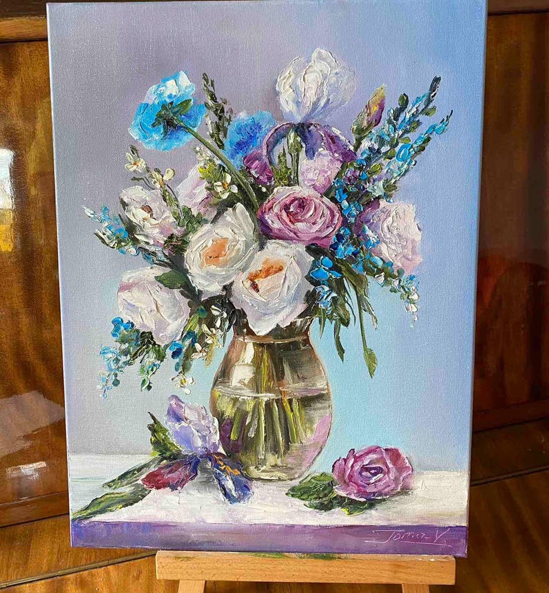 Floral Still Life Oil Painting, White Roses, Irises, Textured Wall Art ...