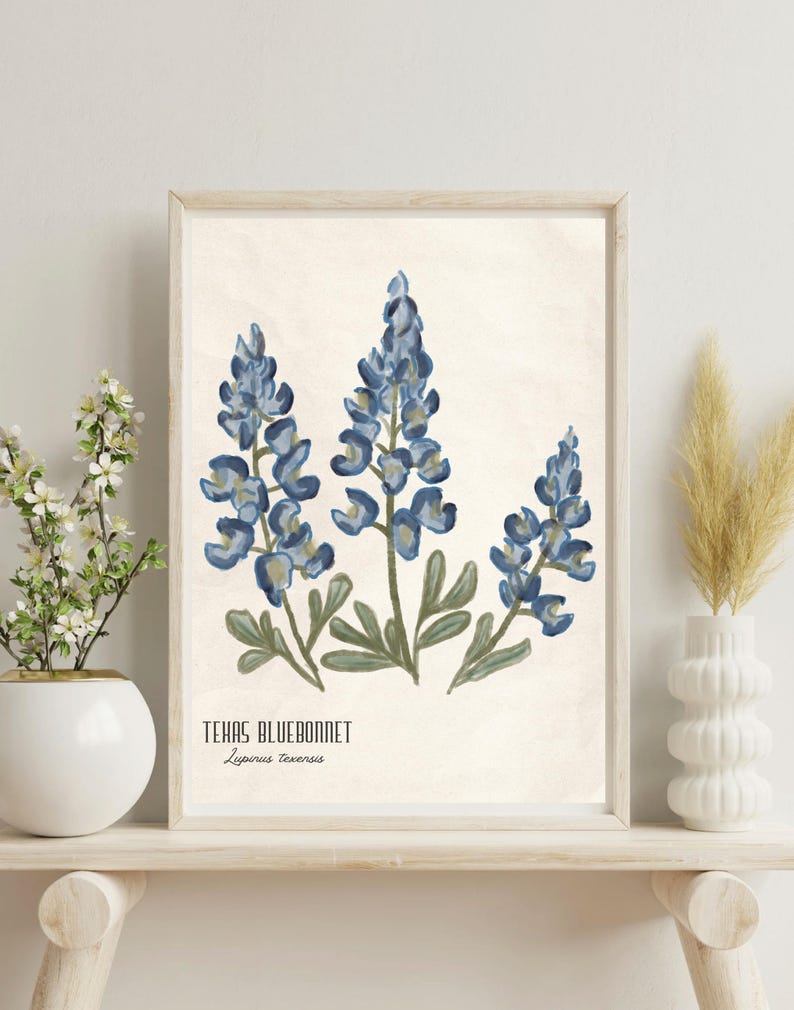 Vintage Texas Bluebonnet Art Print: Hand Drawn Flower Wall Decor ...