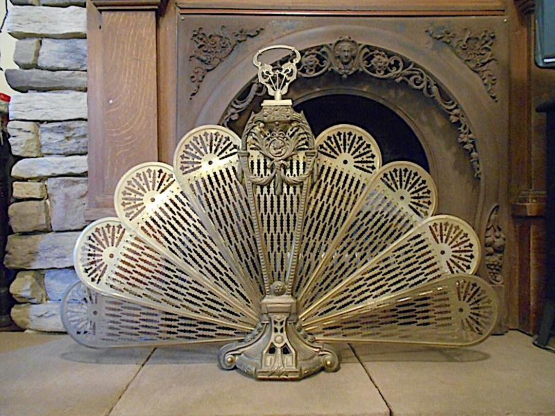Antique Brass Peacock Fireplace Screen 2, Cameo Medallion Ornate Finial ...