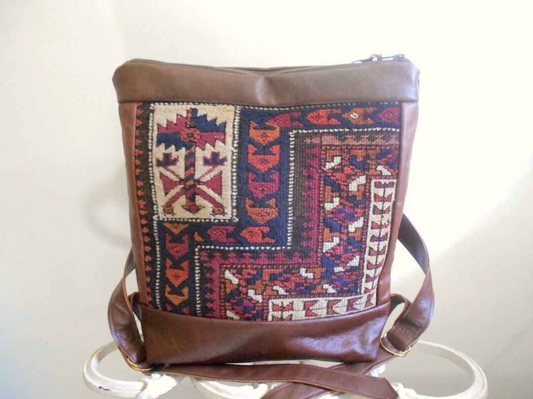Antique Carpet Leather Backpack Persian Rug Bag Eco Vintage Fabrics - Etsy