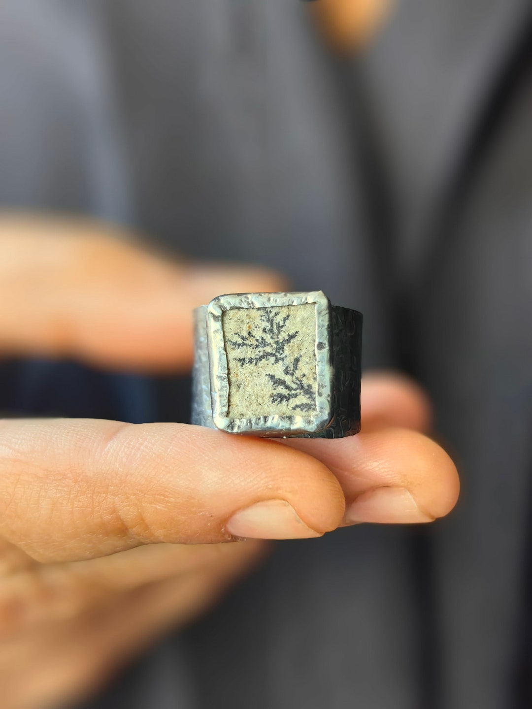 Dendritic Limestone, Rustic Jewelry, Brown Fossil Ring, Wide Sterling ...