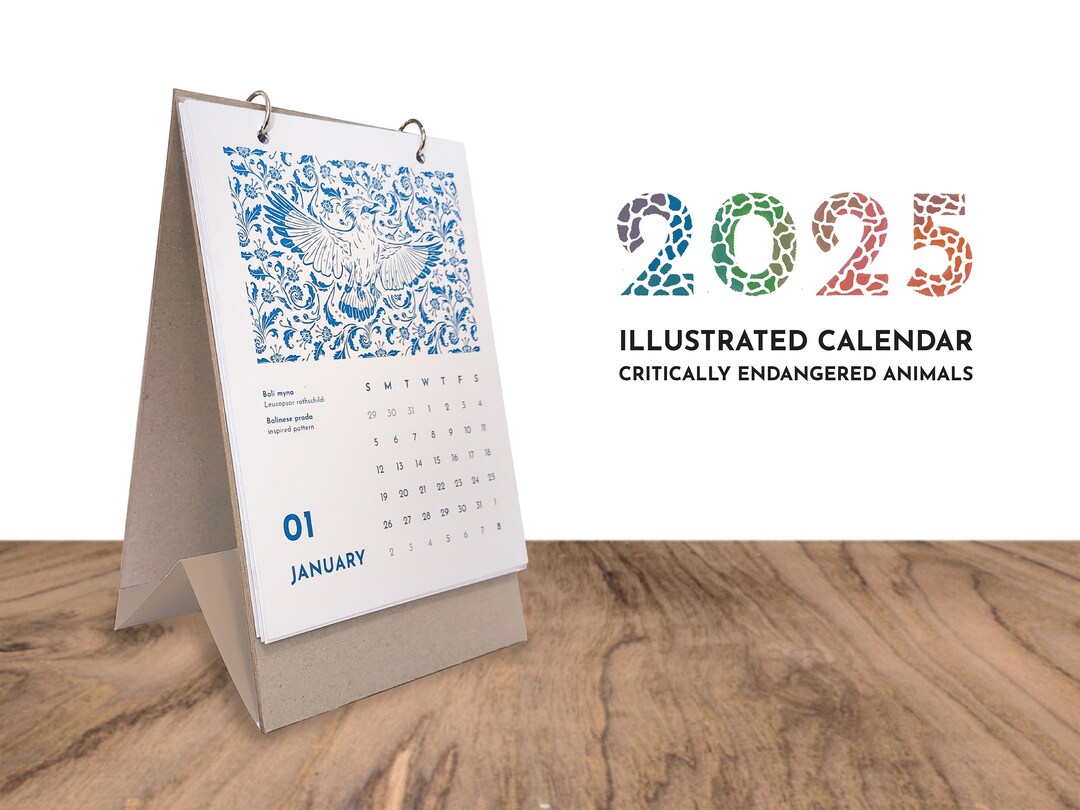 2025 Calendar | Endangered Animals With Ethnic Pattern | Desk Calendar ...