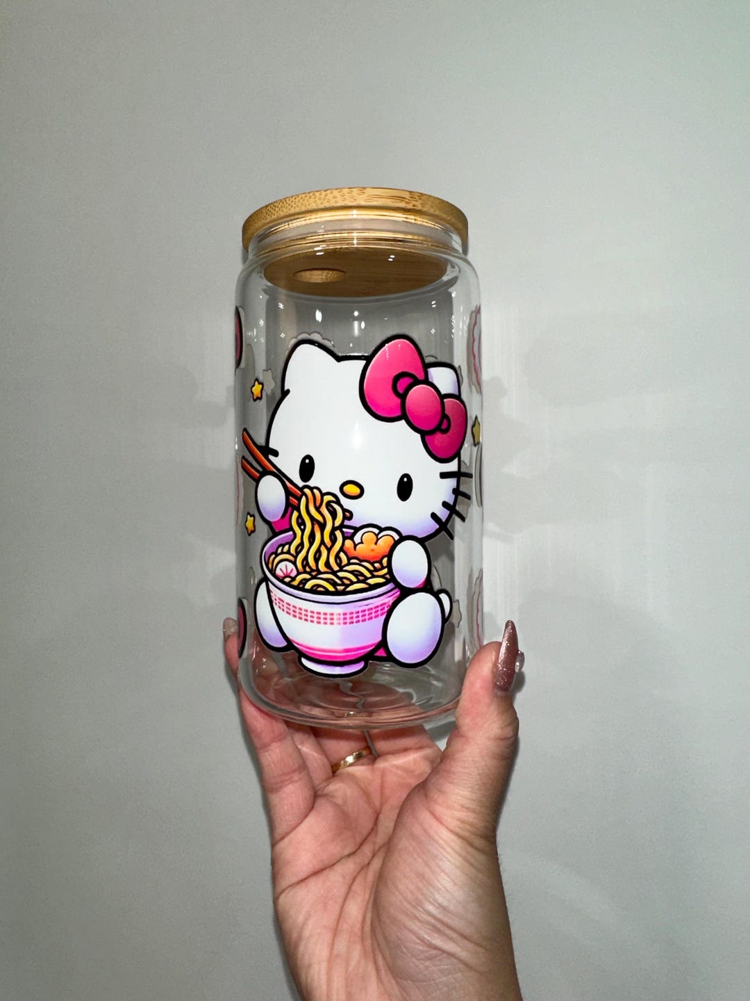 16 Oz Hello Kitty Ramen Glass Cup, With Bamboo Lid and Glass Straw ...