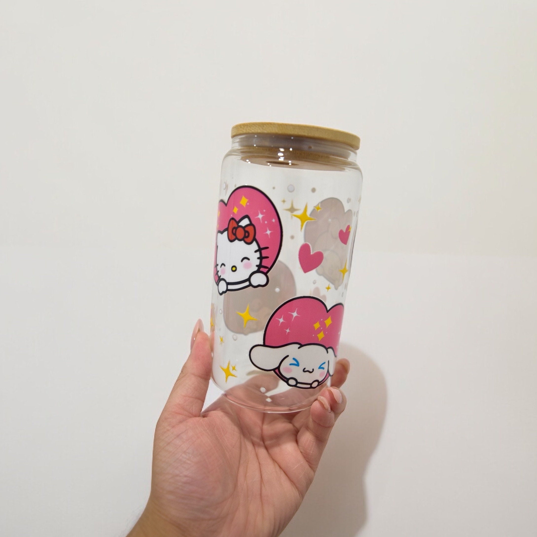16 Oz Sanrio Glass Cup, With Bamboo Lid and Glass Straw. Hello Kitty ...