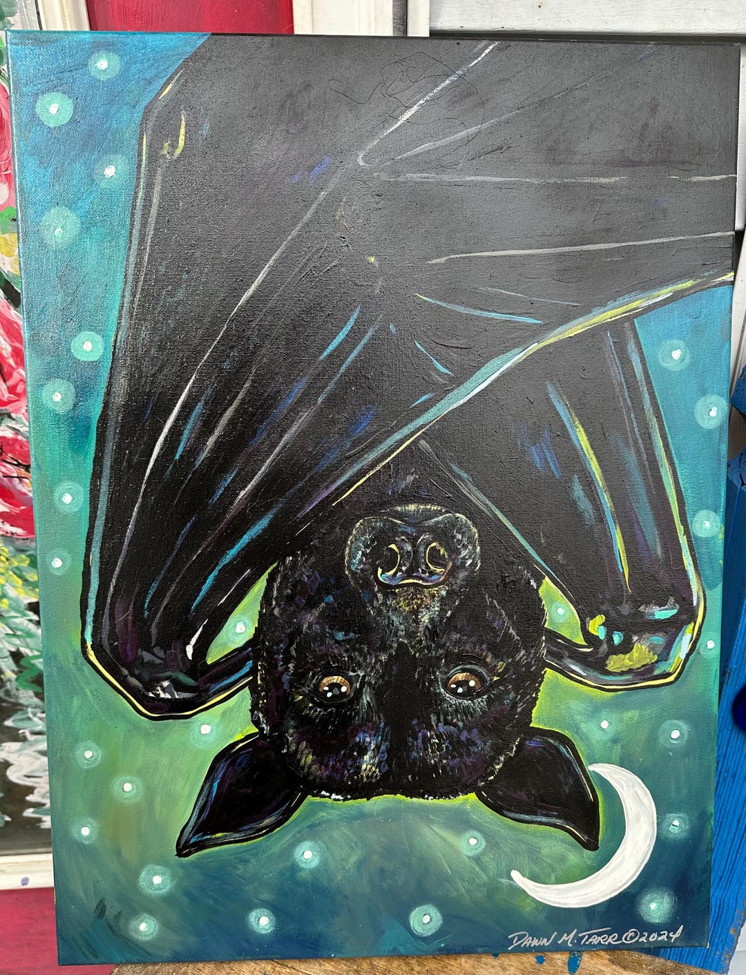 Hanging Bat Original Painting by Dawn Tarr 18 X 24“ Gothic Horror Moon ...