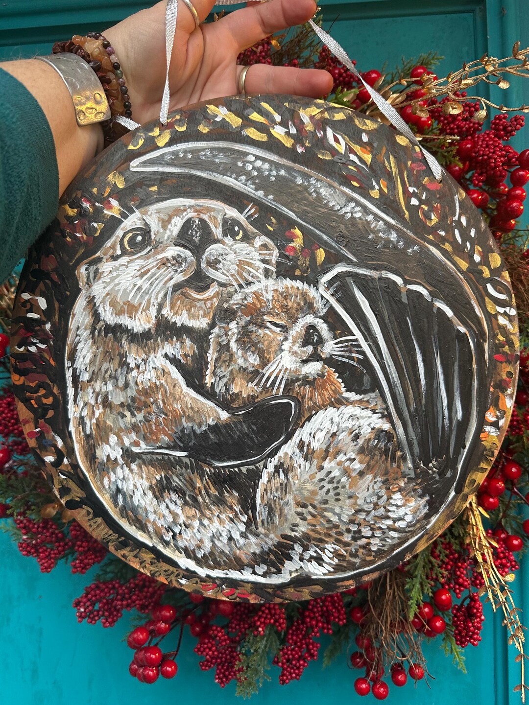 Momma Otter Original Painting on Wood Circle 12” Across Dawn Tarr Art ...