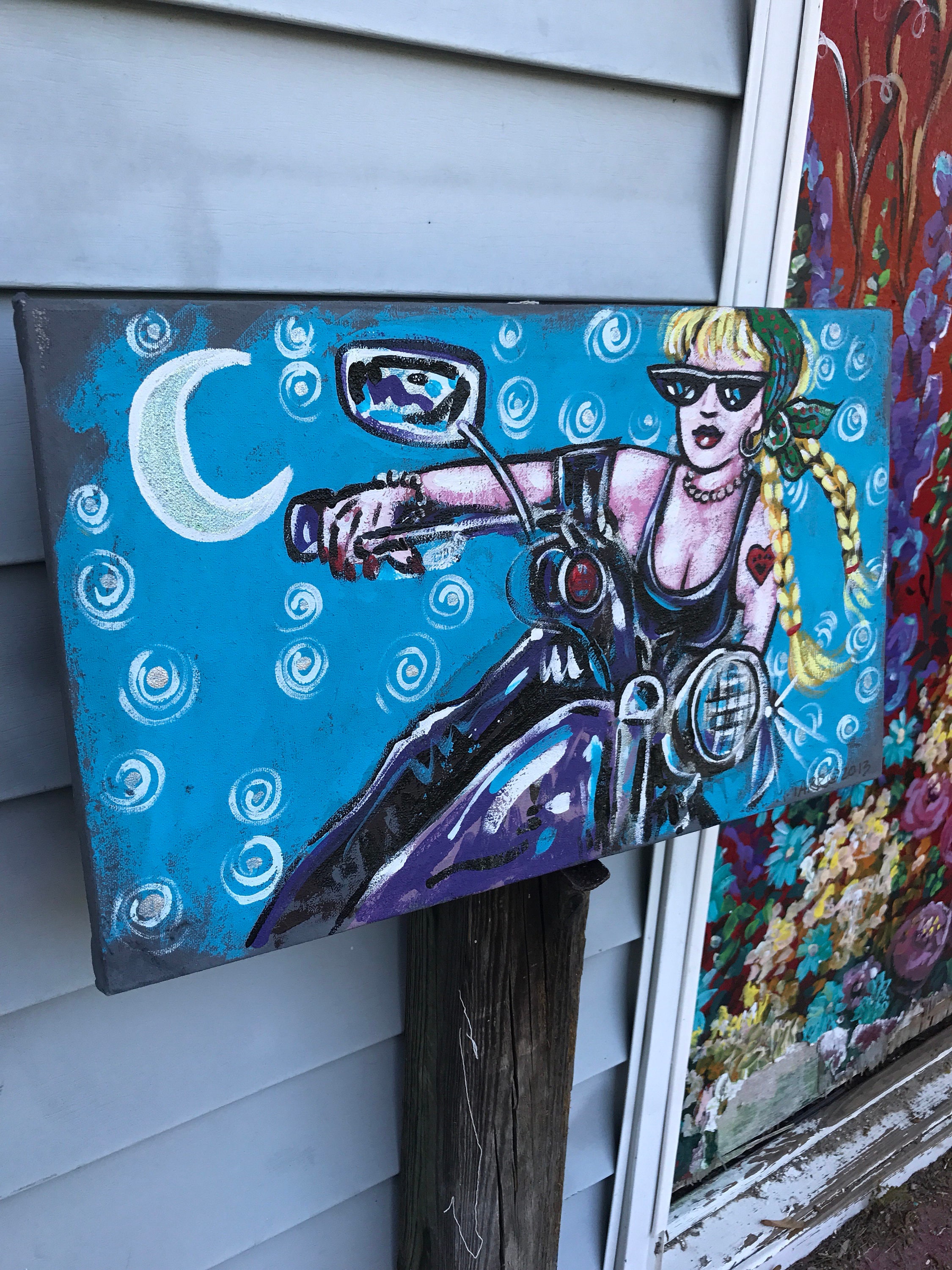 Blonde Biker Babe Motorcycle Moon Stars Glitter That Does Not - Etsy