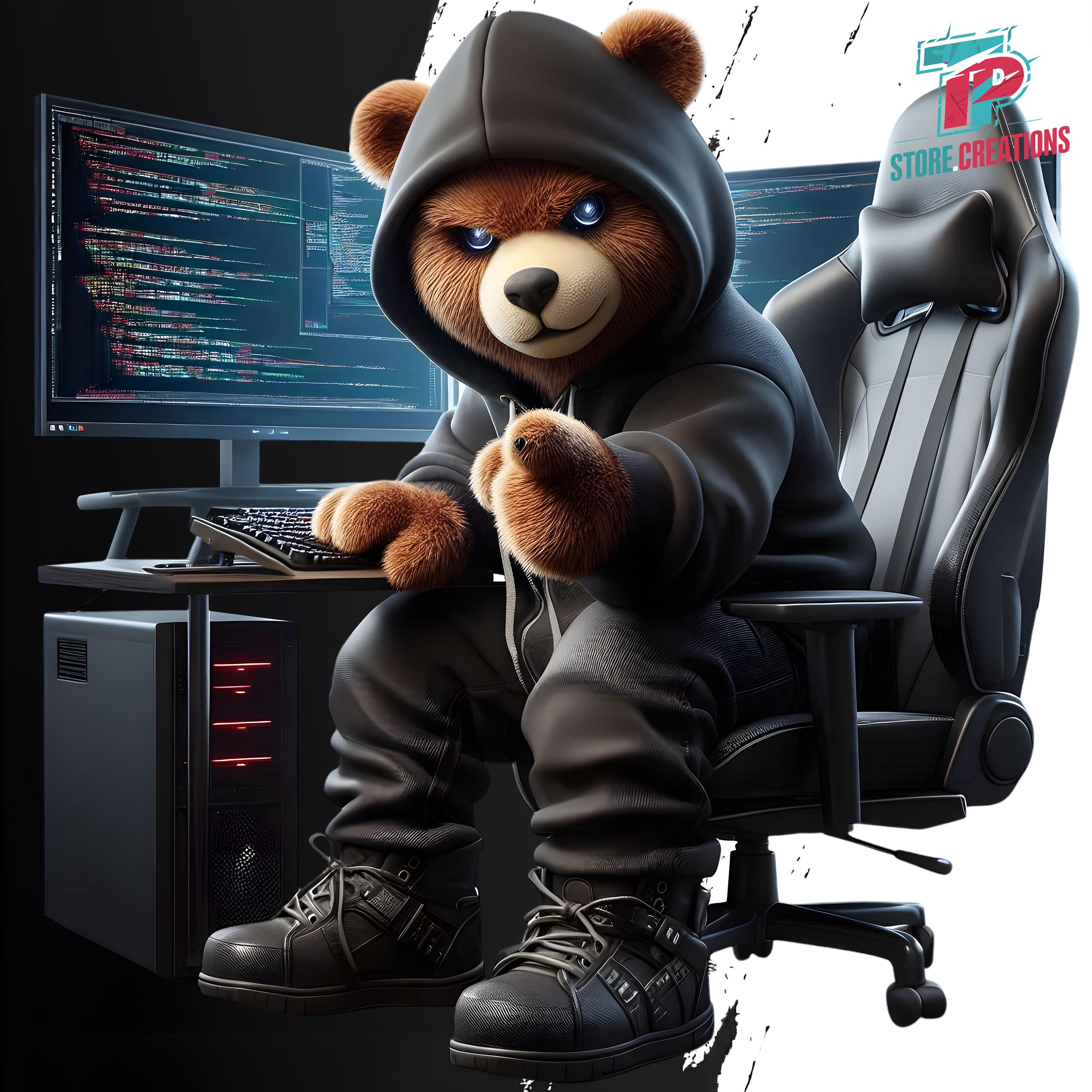 Hacker Teddy Bear PNG, Gangsta Programmer Bear in Hoodie With Coding ...