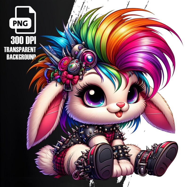 Rainbow Punk Rock Bunny Digital Art - Cute Rabbit With Spiky Hair and ...