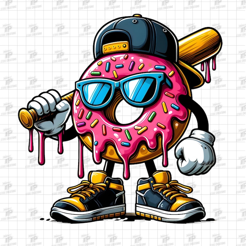 Baseball Donut PNG, Cool Donut Character With Baseball Bat, Dripping ...