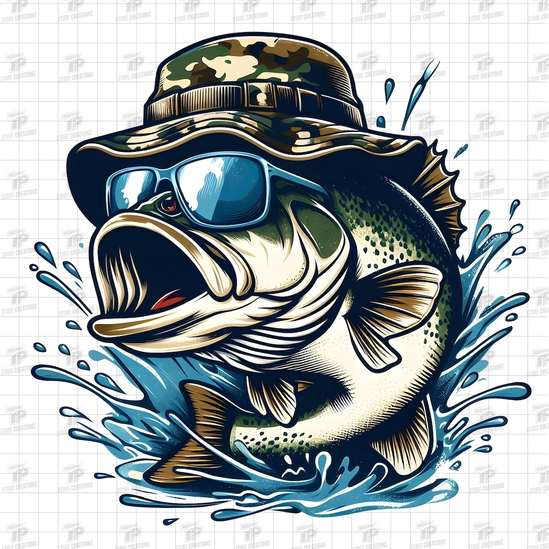 Bass Fishing PNG With Sunglasses and Camo Hat, Largemouth Bass PNG ...