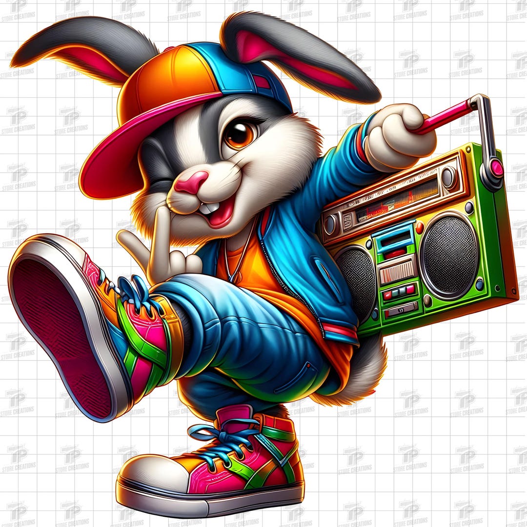 Hip Hop Bunny Digital Art PNG, Winking Bunny With Boombox, Cute Bunny ...