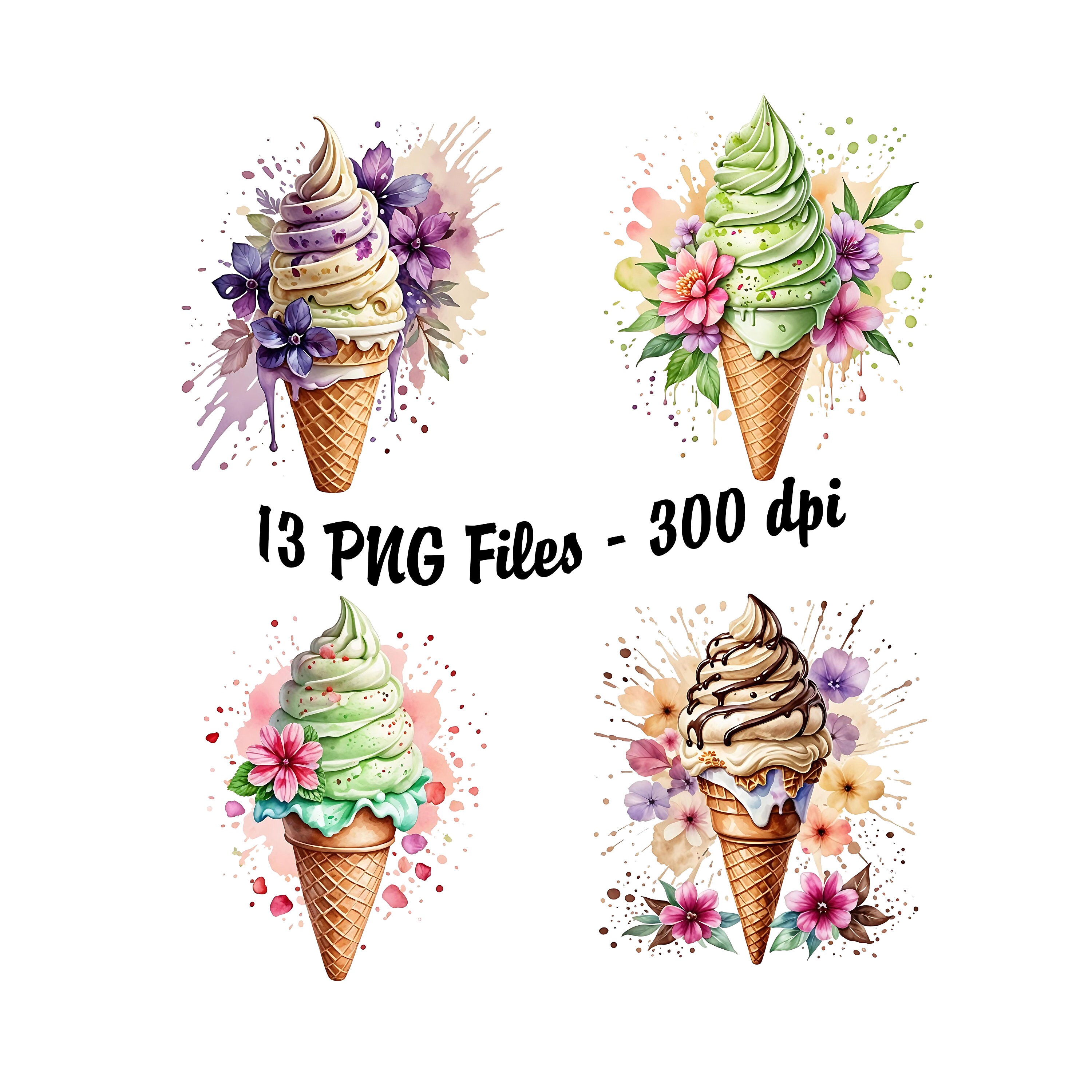 13 PNG, Watercolor Ice Cream Clipart Bundle, Ice Cream Clipart Bundle ...