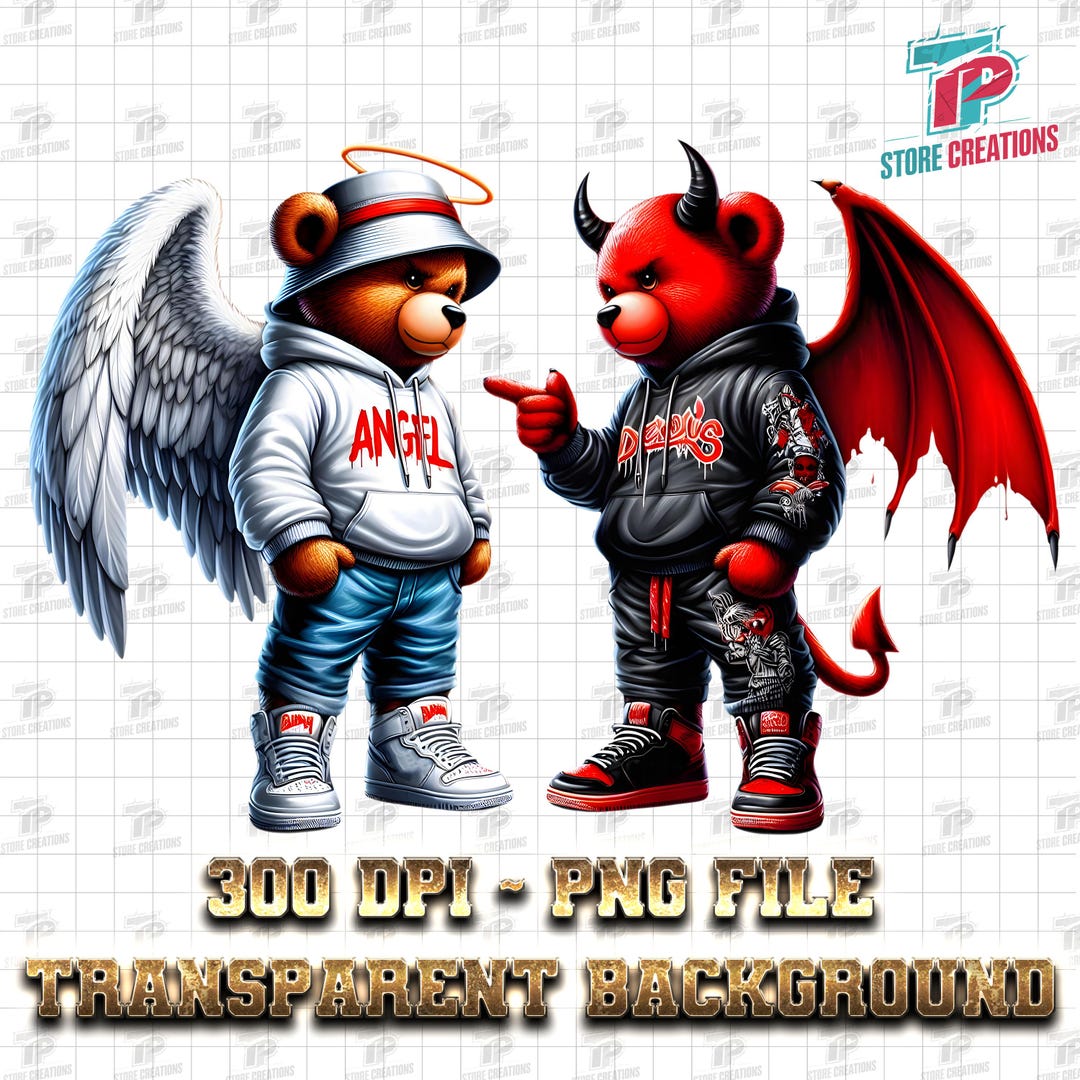 Hip Hop Devil & Angel Teddy Bear PNG, Streetwear Teddy Bear Angel and ...
