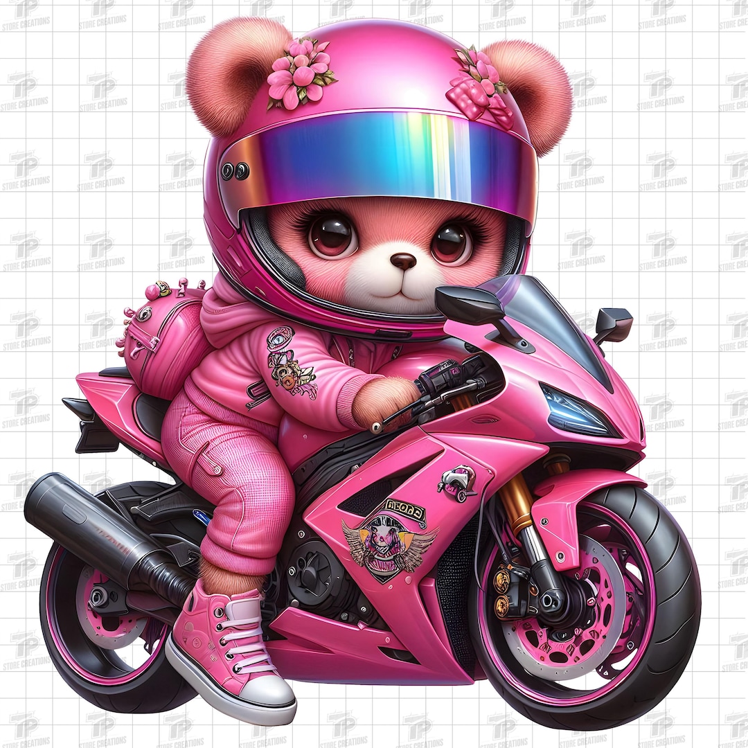 Pink Biker Bear PNG, Kawaii Motorcycle Digital Art, Cute Bear With ...