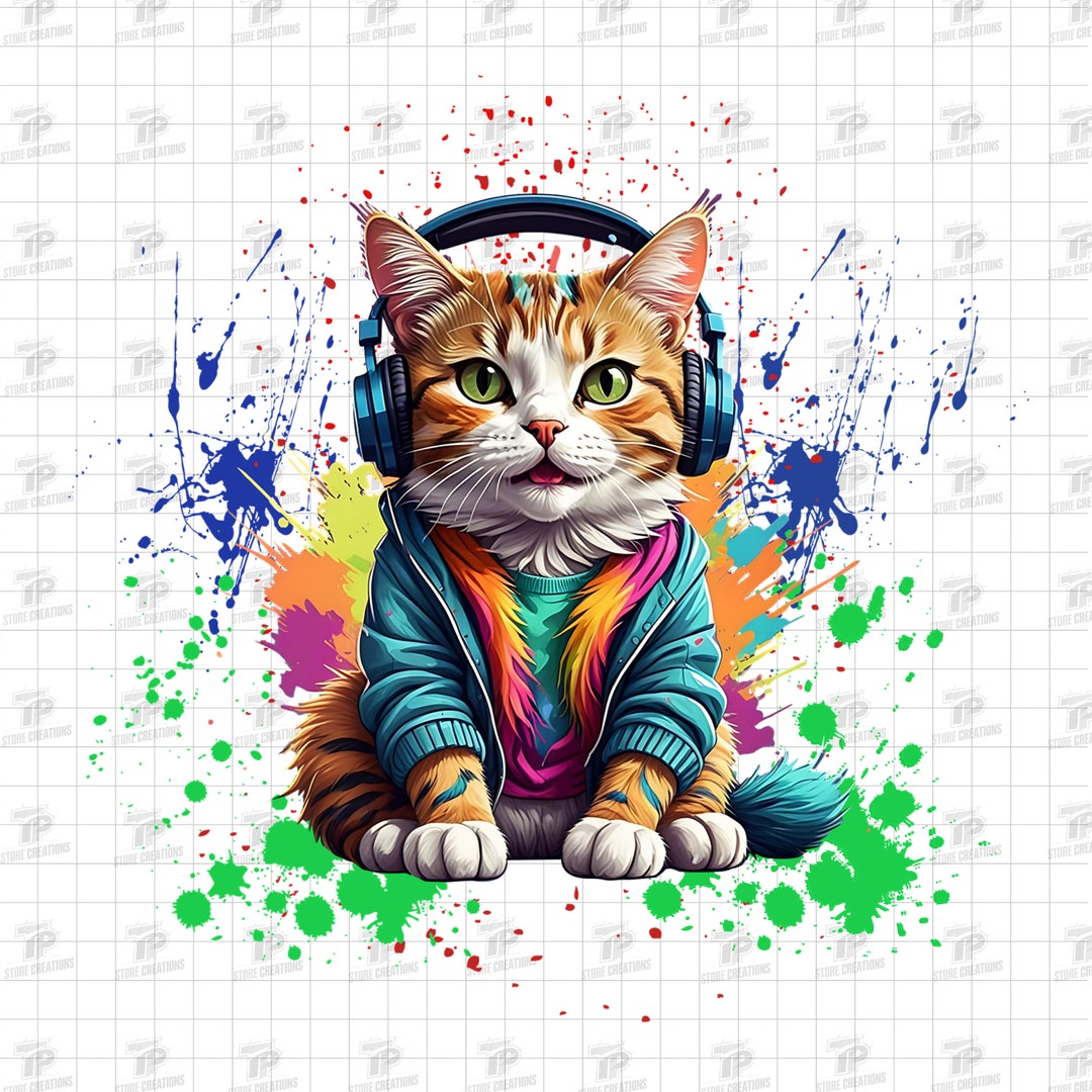 Watercolor Cat Png, Colorful Kitten Png, Cat With Headphones, Cat Lover ...
