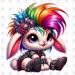 Rainbow Punk Rock Bunny Digital Art - Cute Rabbit With Spiky Hair and ...