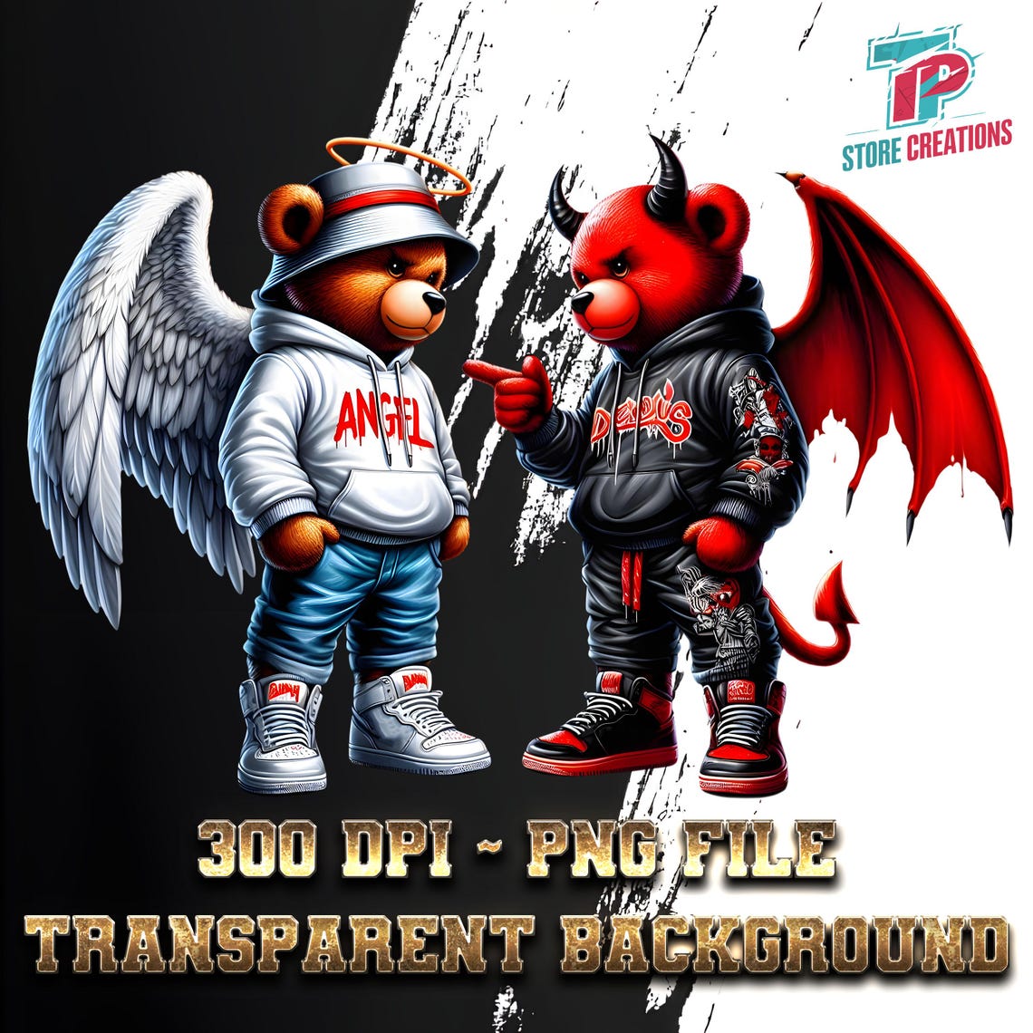 Hip Hop Devil & Angel Teddy Bear PNG, Streetwear Teddy Bear Angel and ...