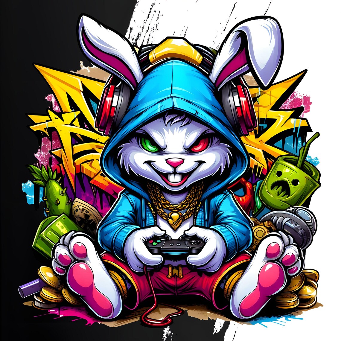 Street Gamer Rabbit PNG, Hip-hop Graffiti Gaming Design, Urban Hip-hop ...