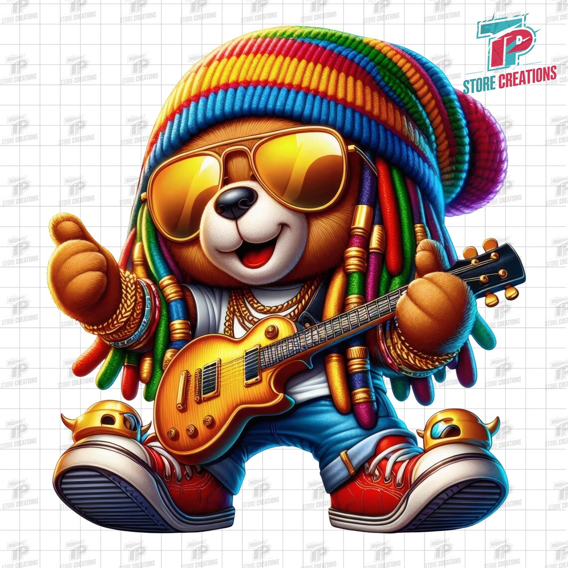 Reggae Teddy Bear With Sunglasses & Guitar - Unique PNG Art, Hip Hop ...