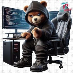 Hacker Teddy Bear PNG, Gangsta Programmer Bear in Hoodie With Coding Setup, Cyber Hacker Bear ...