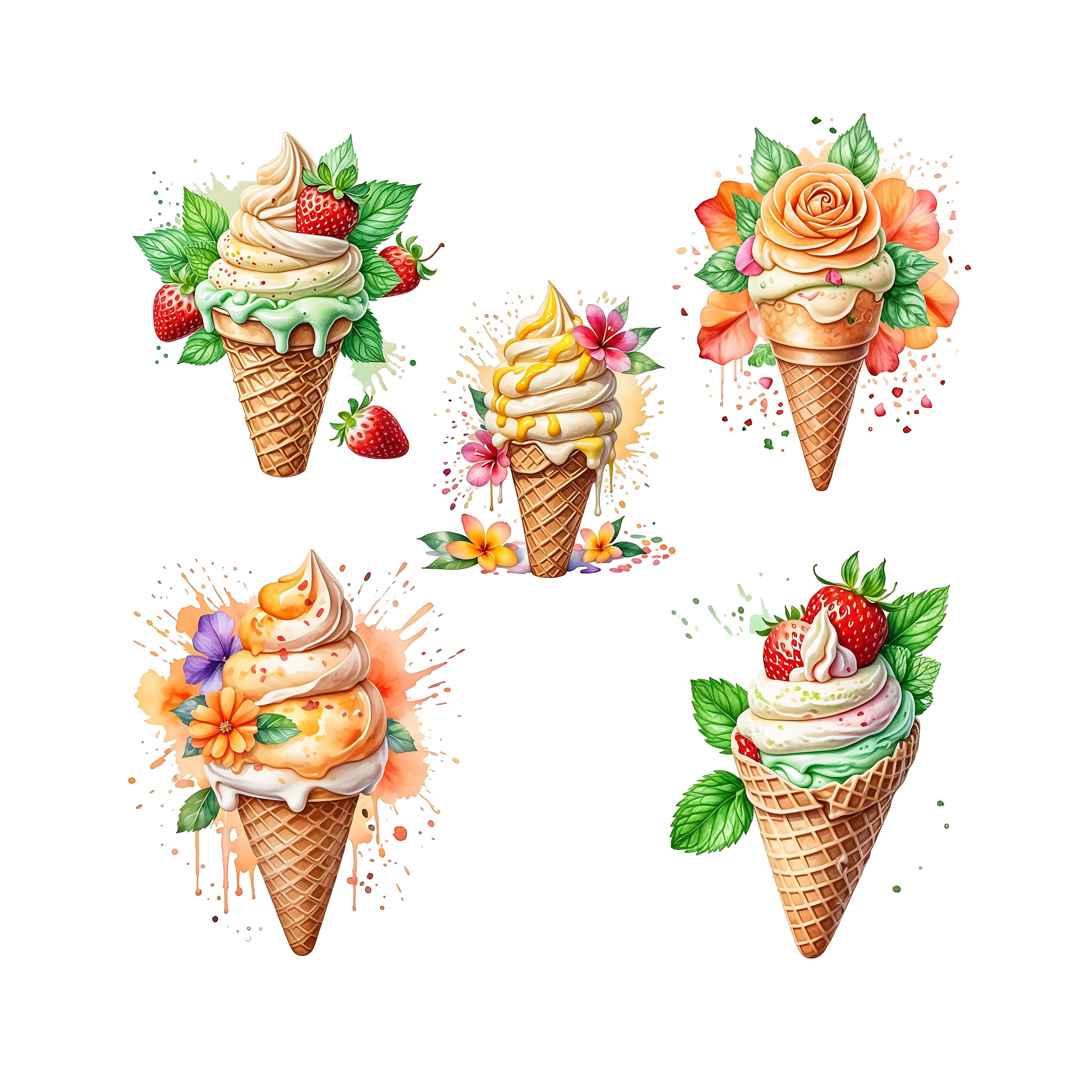 13 PNG, Watercolor Ice Cream Clipart Bundle, Ice Cream Clipart Bundle ...
